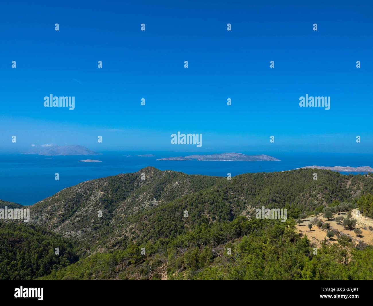 Panoramic view of typical greek mediterranean landscape with hill, fir ...