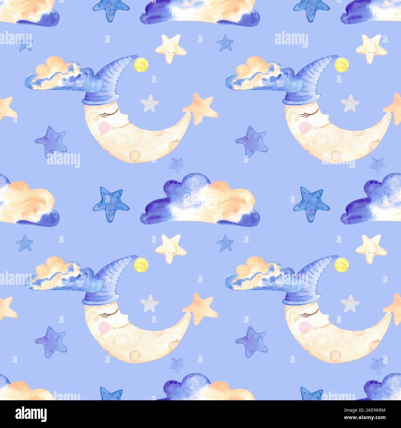 Handdrawn watercolor moon, clouds and stars seamless pattern children's ...