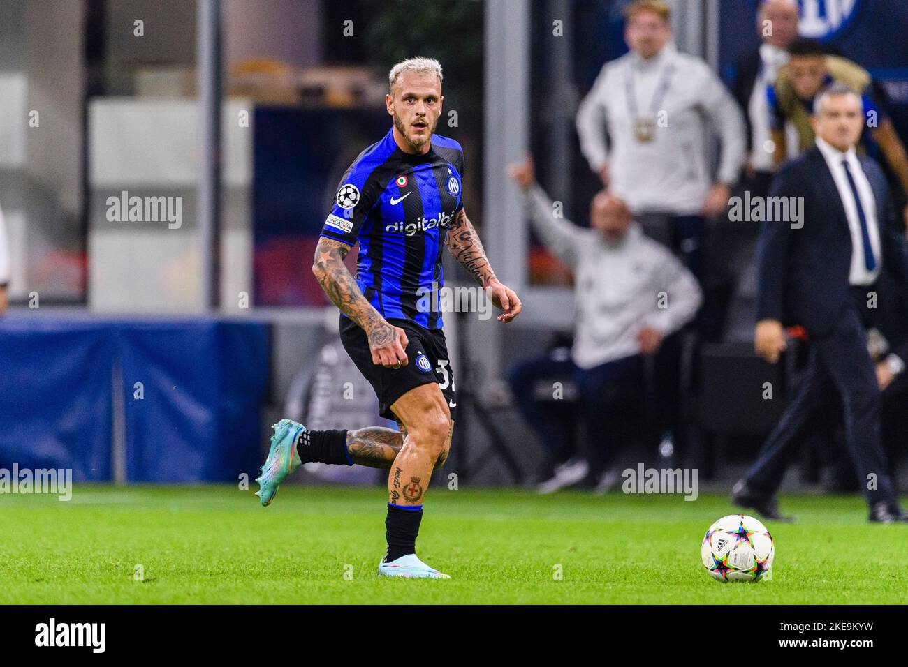 Milan, Italy - October 26: Federico Dimarco of Internazionale controls the ball during the UEFA ...