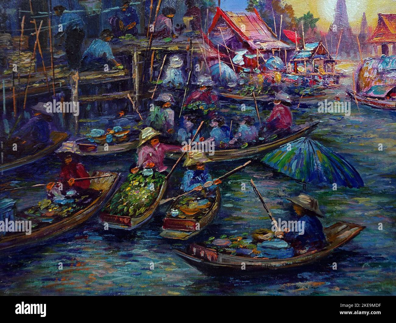 Art painting Oil color Floating market Thailand , countryside , rural ...