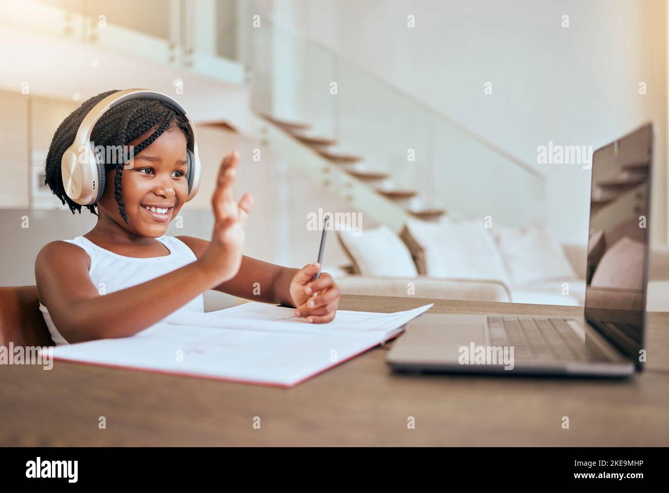 Elearning, wave and African girl on a video call for education ...