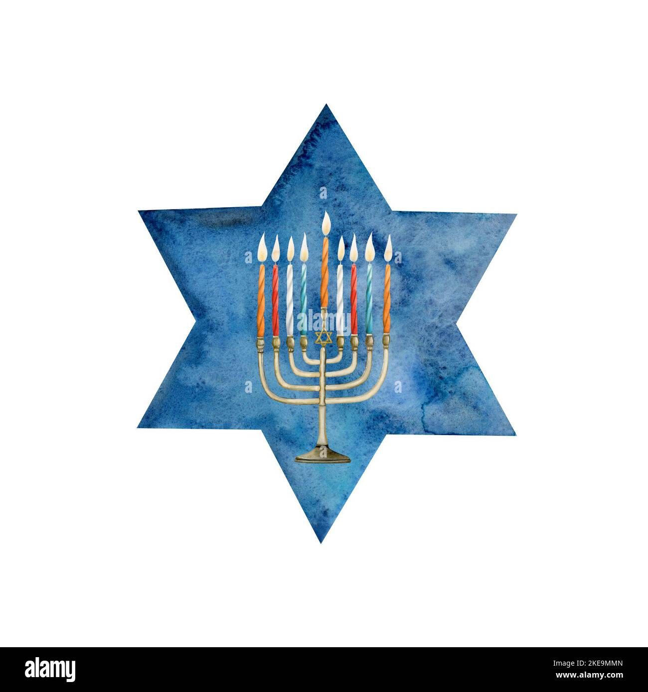 Watercolor Hanukkah illustration with holiday symbols, menorah with ...