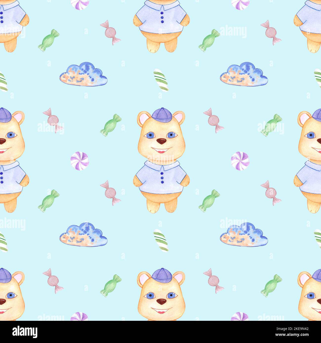 Handdrawn watercolor candy and bear seamless pattern children's textile ...