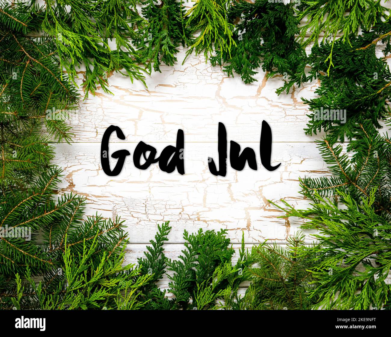 Christmas, Fir Branch, Swedish Text God Jul Means Merry Christmas Stock ...
