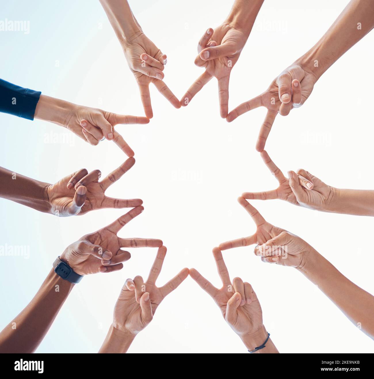 Diversity, teamwork and hands with star shape for community, team ...