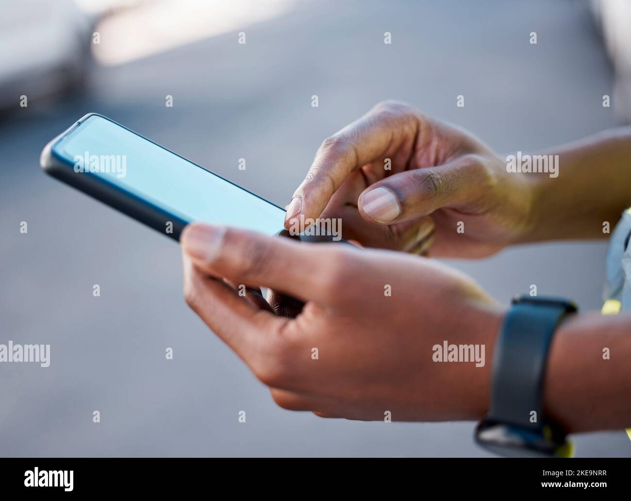Zoom, black man hands with phone for networking, social media or 5g ...