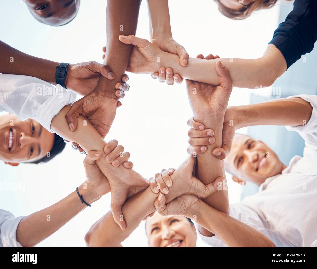 Team, hands and employee support for team building motivation on ...
