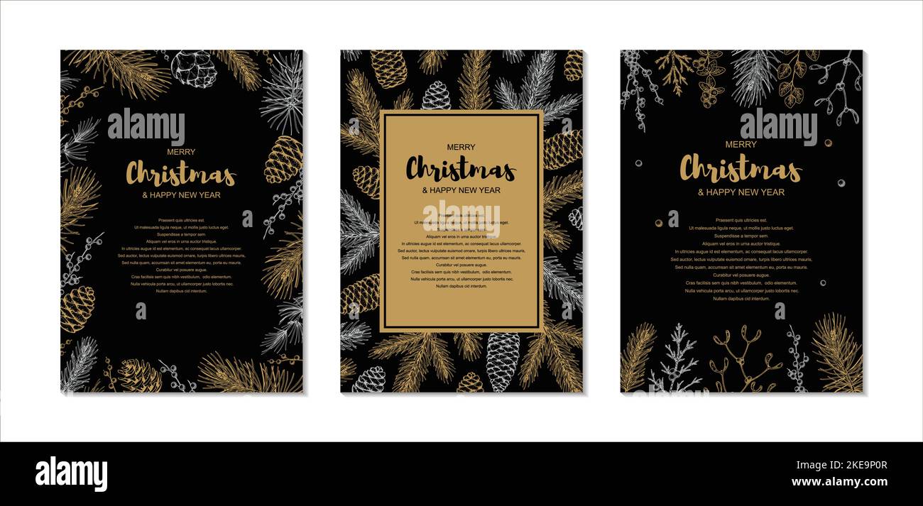 Set of Merry Christmas and Happy New Year vertical invitation templates ...