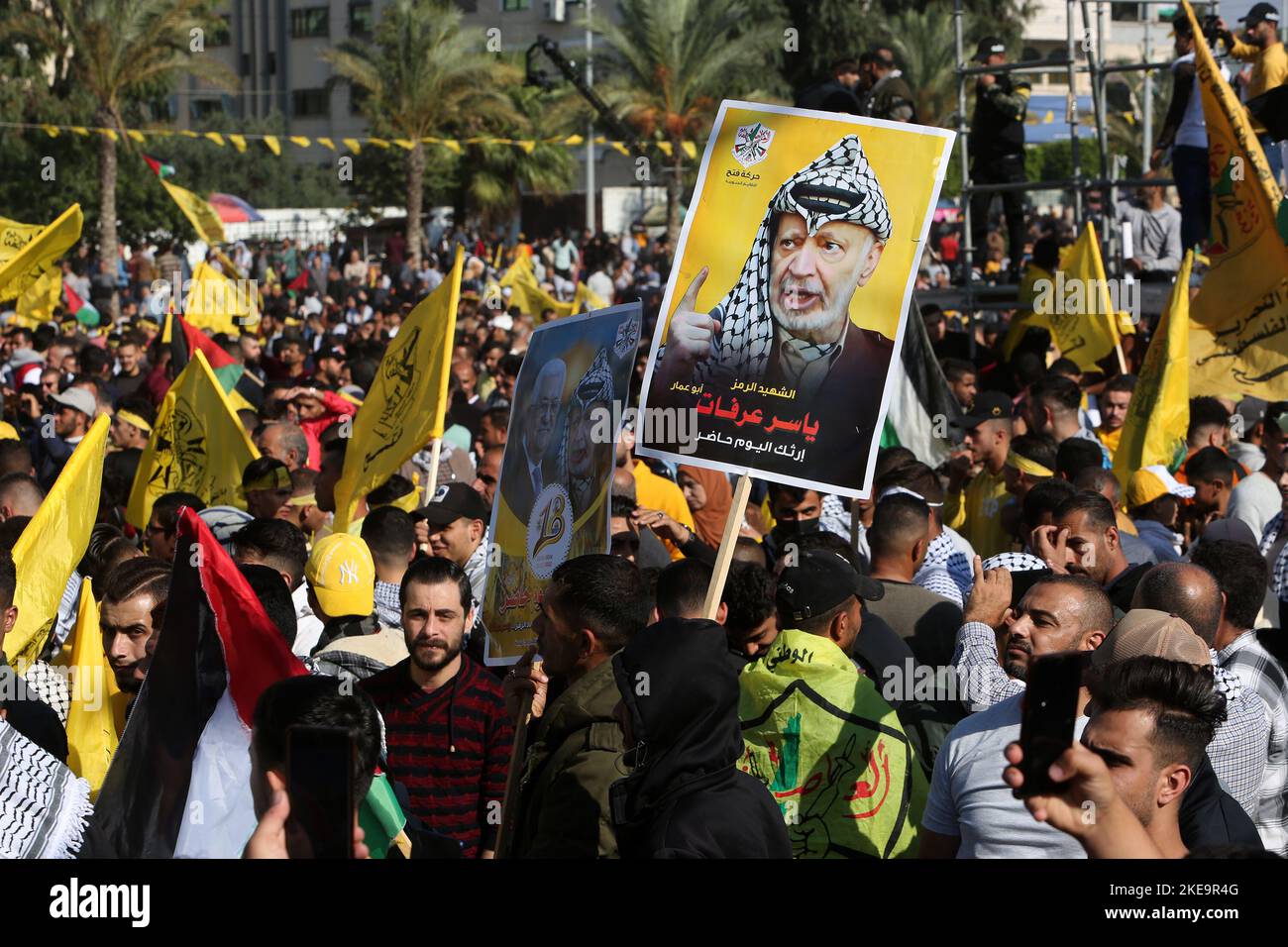 Palestinians take part in a Fatah rally marking the 18th anniversary of ...