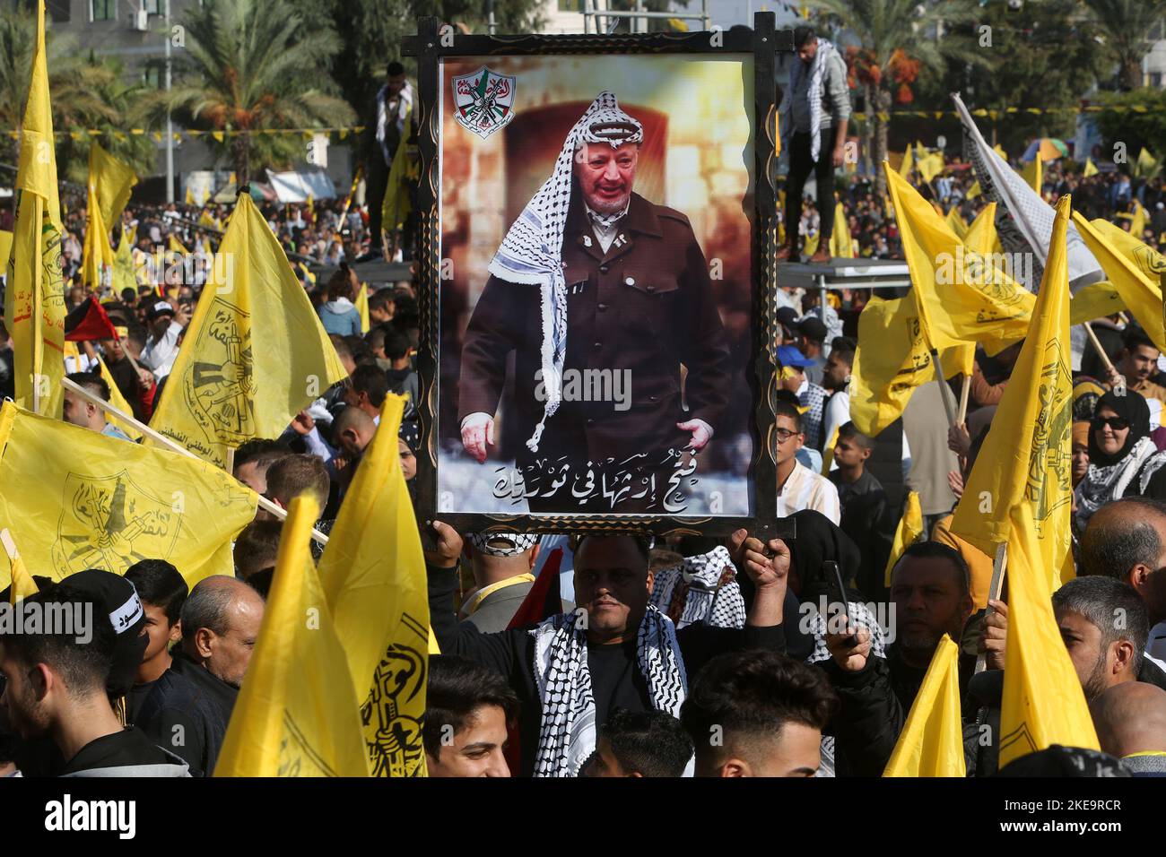 Palestinians take part in a Fatah rally marking the 18th anniversary of ...