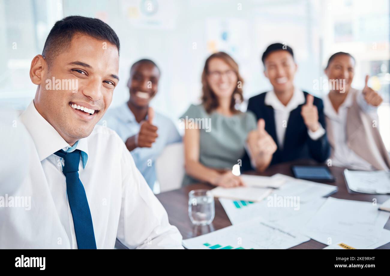 Teamwork, diversity and selfie of business people in the office with thumbs up for success ...