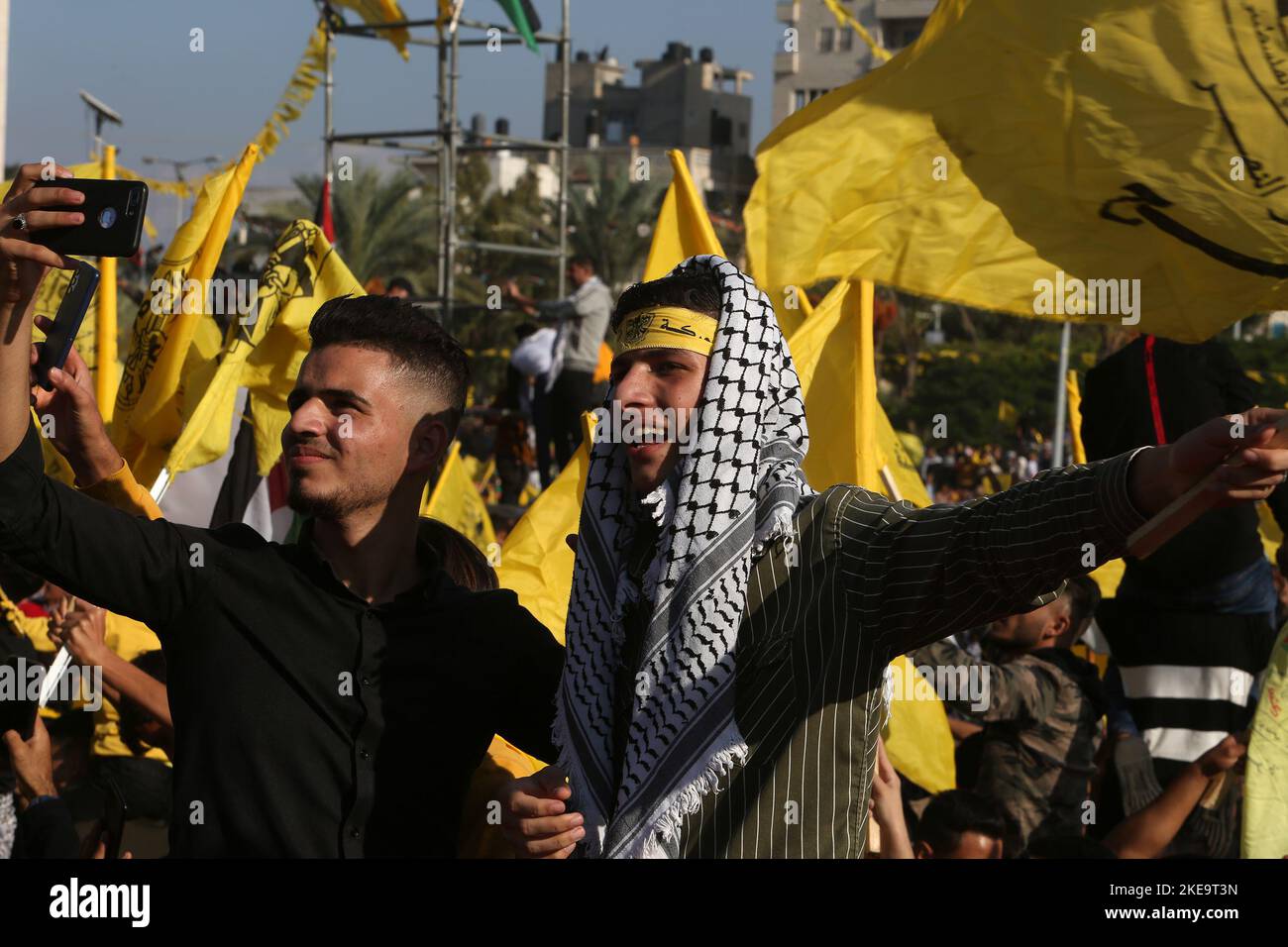 Palestinians take part in a Fatah rally marking the 18th anniversary of ...