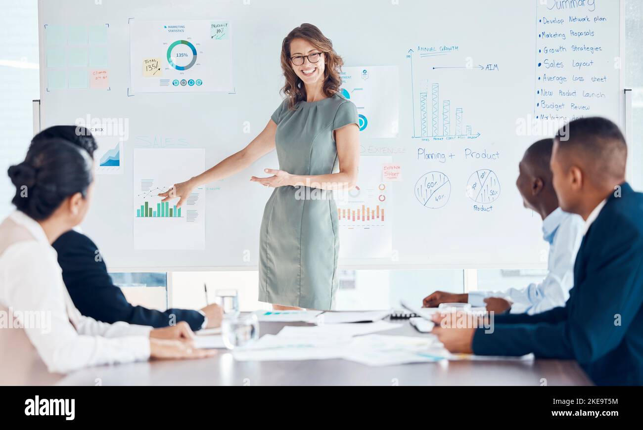 Business woman, leadership and coaching on whiteboard for marketing ...