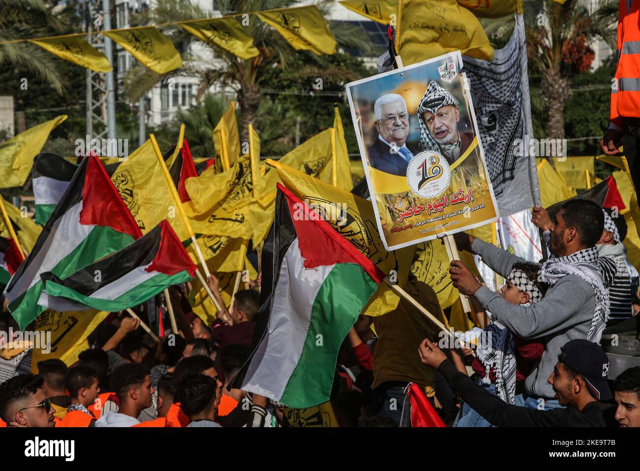 Palestinians take part in a Fatah rally marking the 18th anniversary of ...
