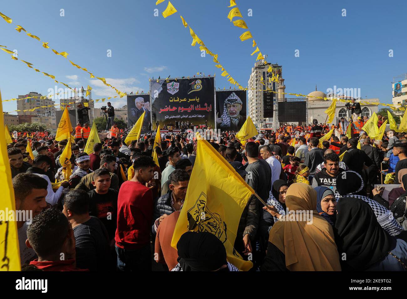 Palestinians take part in a Fatah rally marking the 18th anniversary of ...