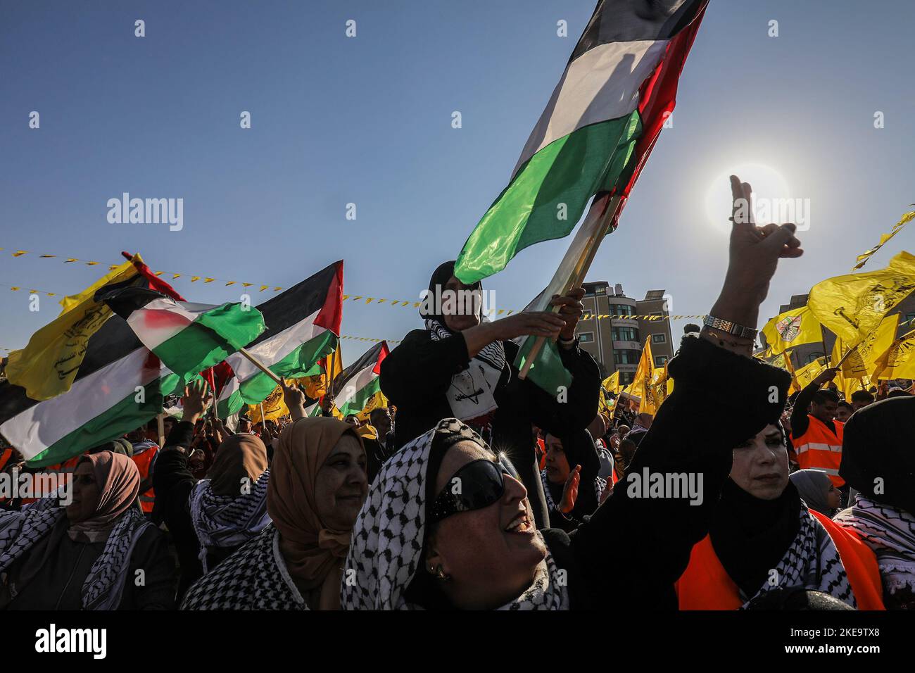 Palestinians take part in a Fatah rally marking the 18th anniversary of ...