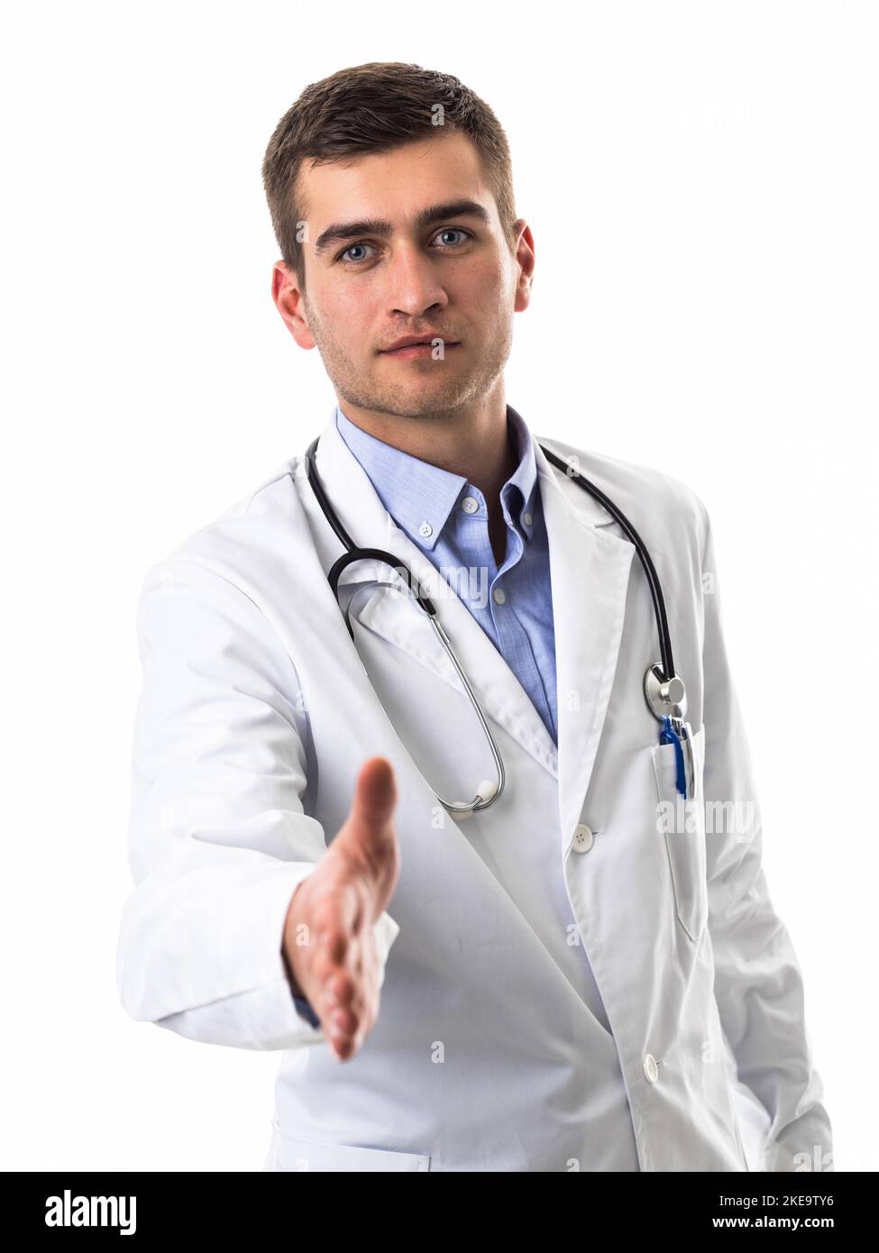 Portrait of a doctor holding out his hand as a support to a patient ...