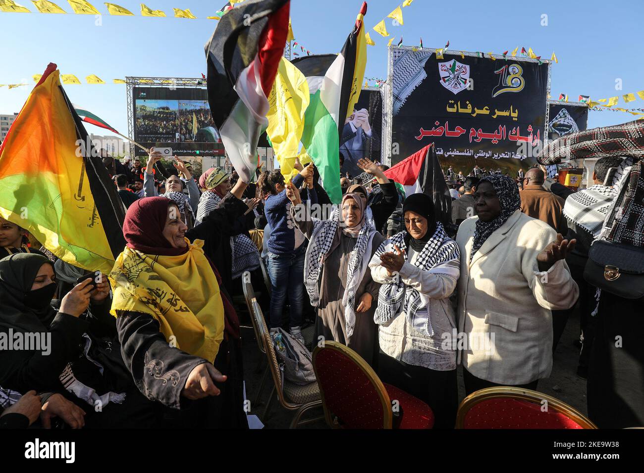 Palestinians take part in a Fatah rally marking the 18th anniversary of ...