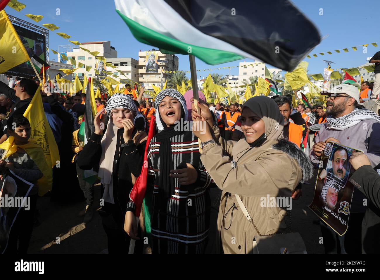 Palestinians take part in a Fatah rally marking the 18th anniversary of ...