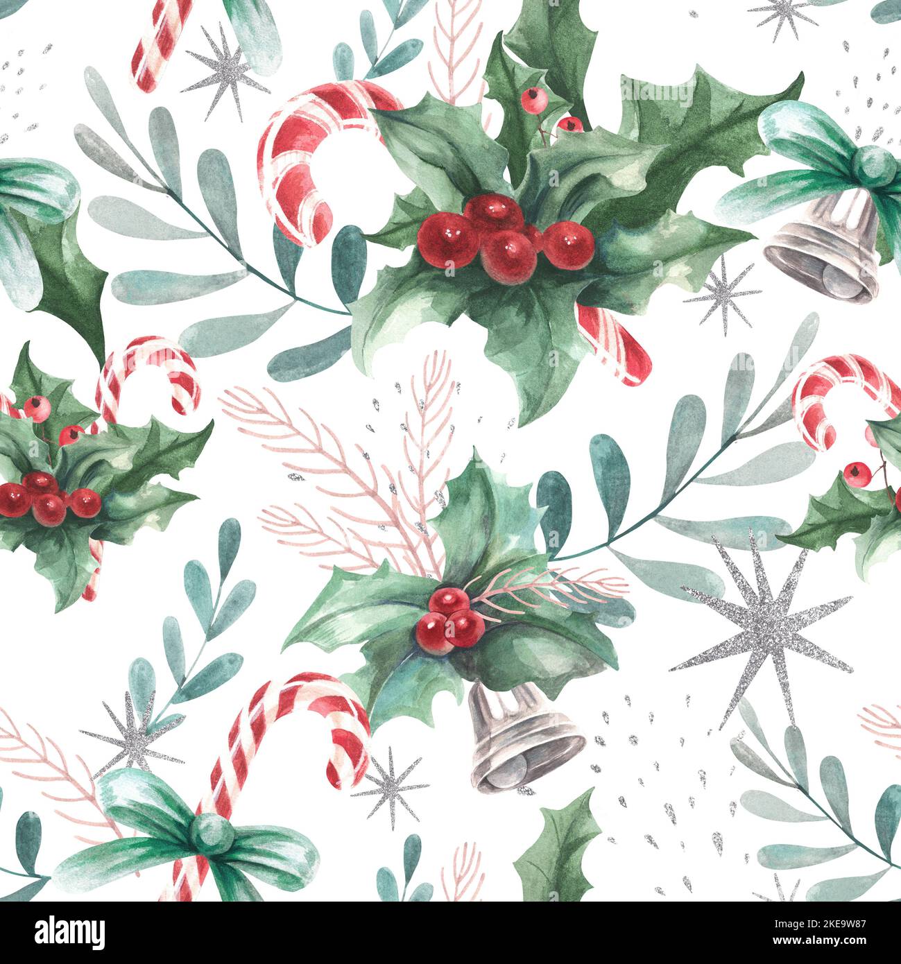 ?hristmas compositions from branches, leaves, berries. Silver splashes ...