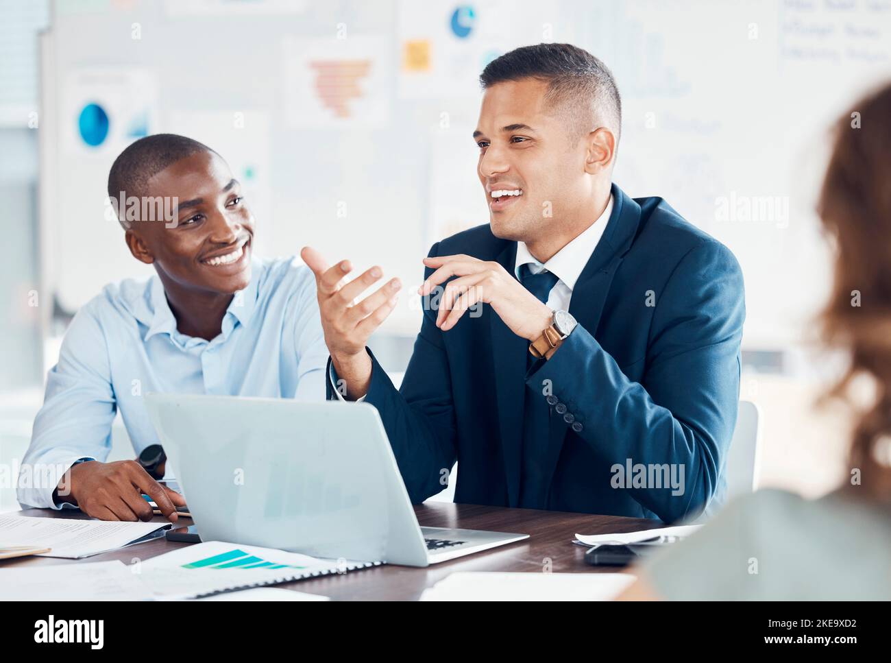 Laptop, collaboration and business people in a corporate meeting ...