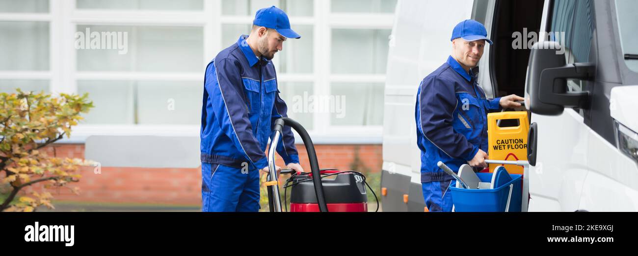 Cleaning Service Professional Worker Unloading Equipment From Van Stock ...