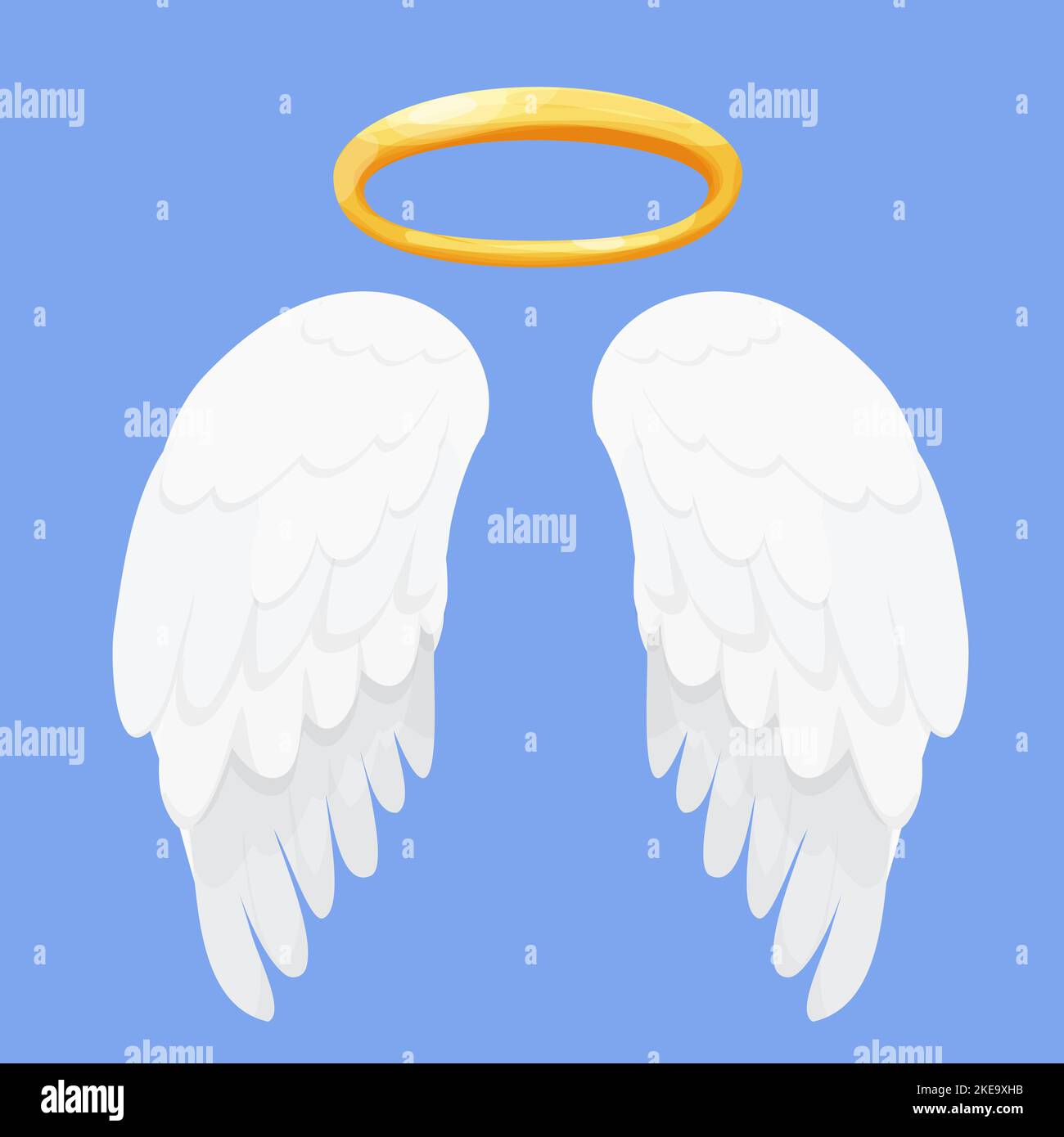 Angel wings white with halo, nimbus in cartoon style isolated on blue background, design element ...