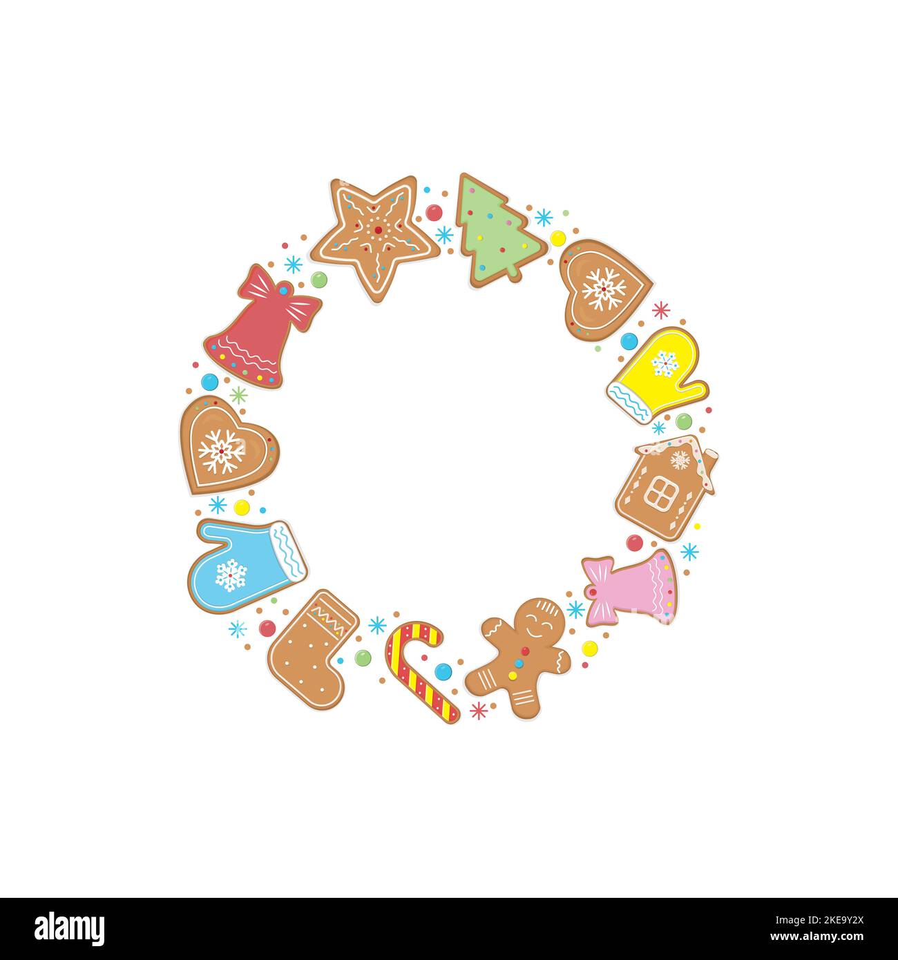 Christmas round ginger cookie frame, color vector illustration in ...