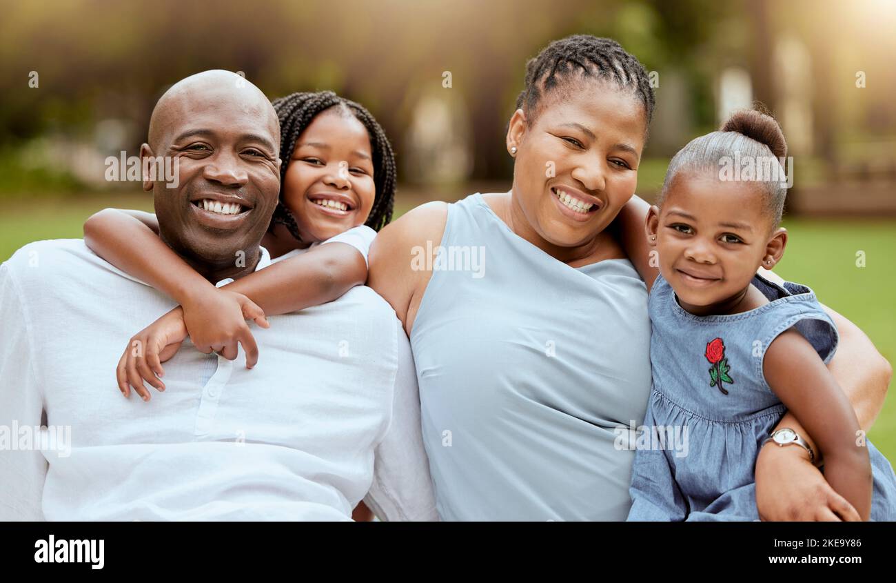 Happy black family, kids and portrait in park with love, pride or ...