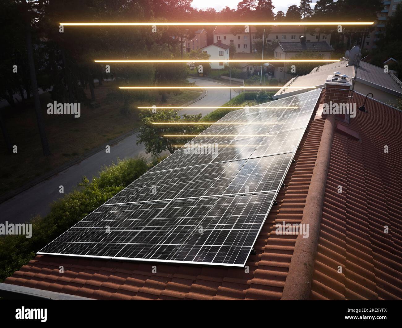 High angle view of roof with solar panels Stock Photo - Alamy