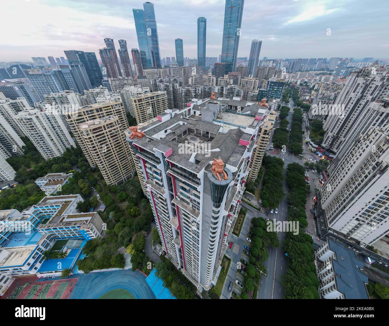 Aerial photos show two quadrangle courtyards with four Kylin statues on ...