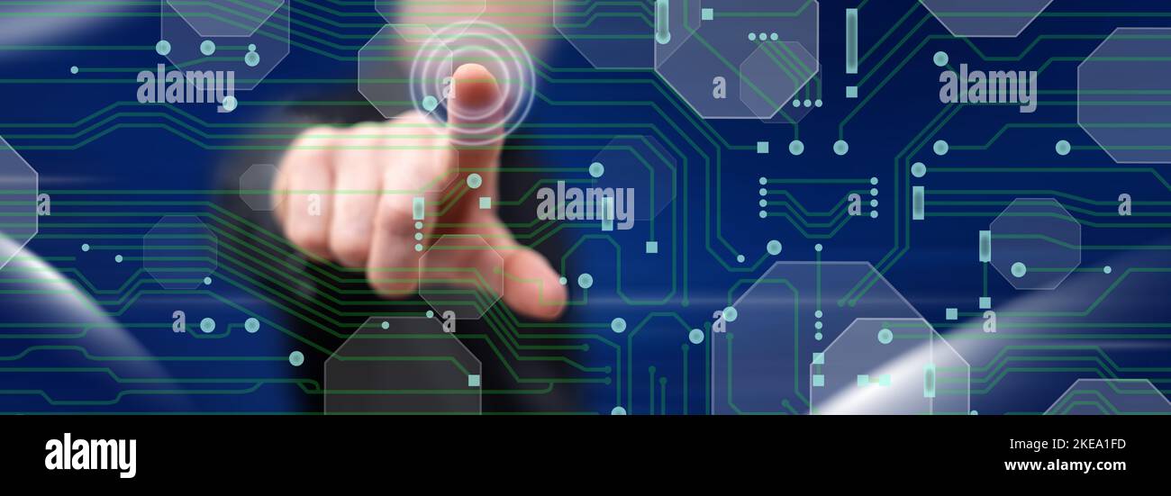 Man touching a digital technology concept on a touch screen with his ...