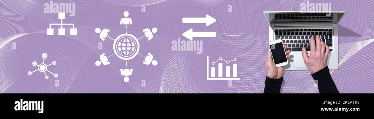 Top view of hands using laptop and mobile phone with symbol of bpo ...