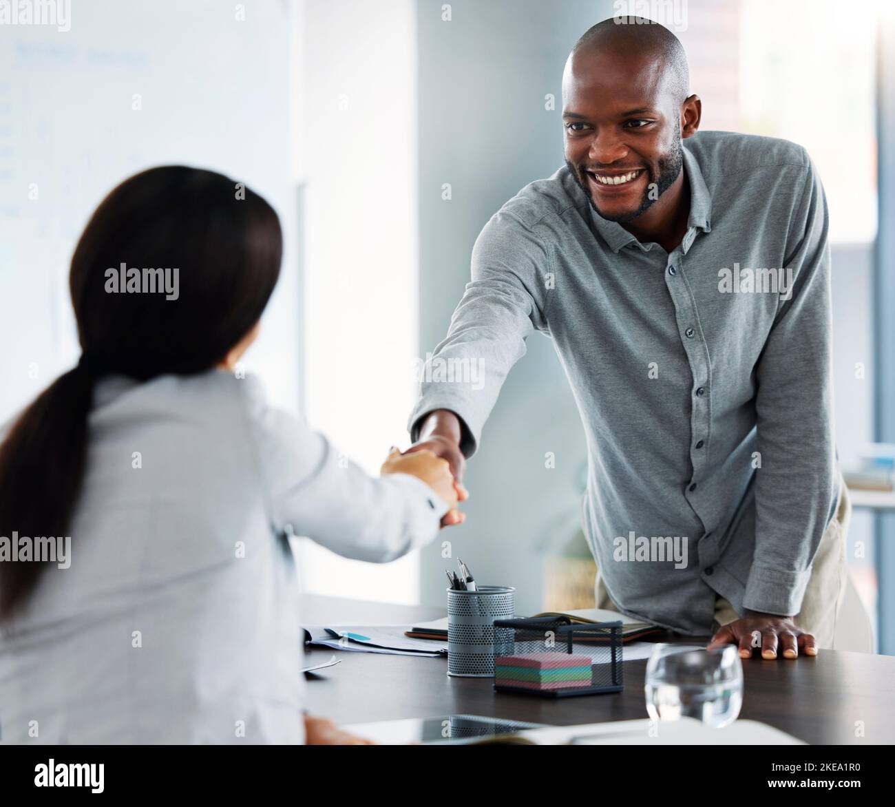 Handshake, welcome and business people meeting for an interview ...