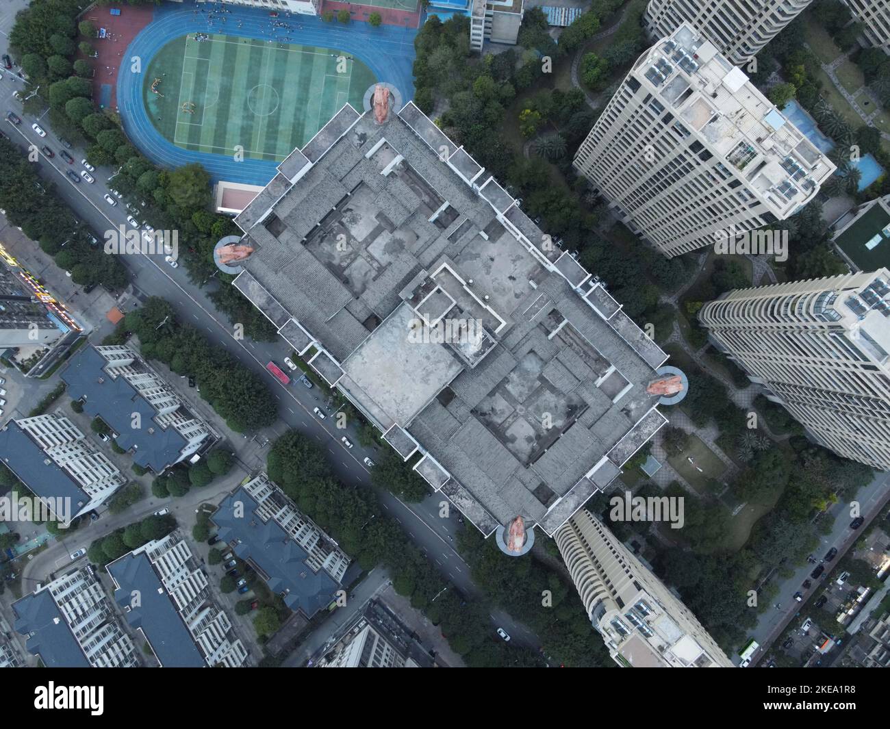 Aerial photos show two quadrangle courtyards with four Kylin statues on ...