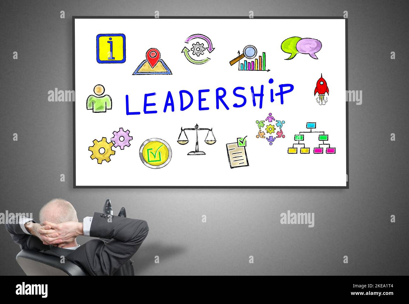 Relaxed businessman looking at leadership concept on a whiteboard Stock ...