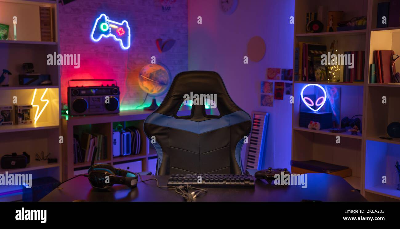Powerful Personal Computer Gamer Room with Modern Neon Light banner ...