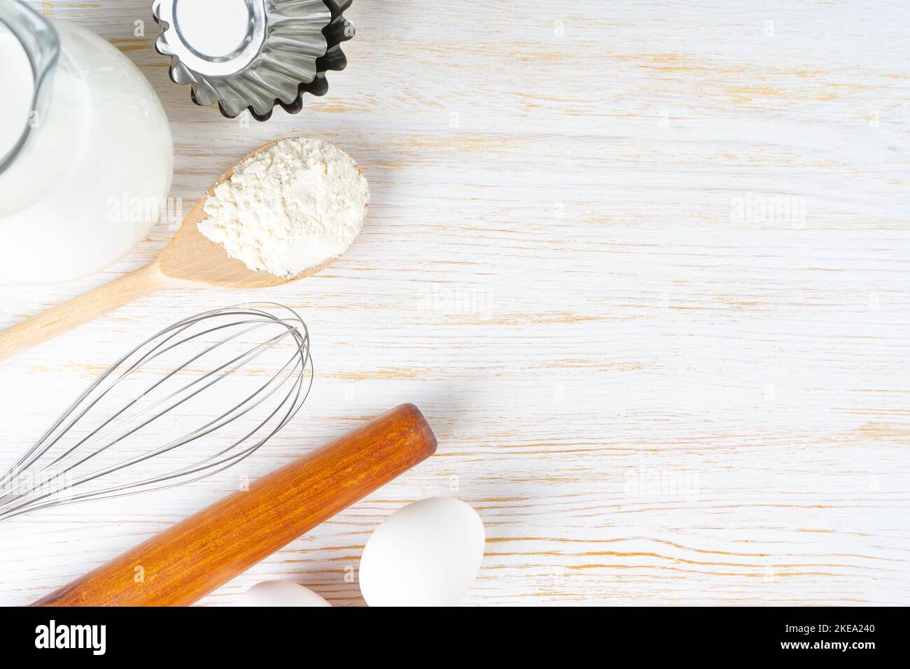 Baking cooking Ingredients background with copy space. Flour, eggs ...