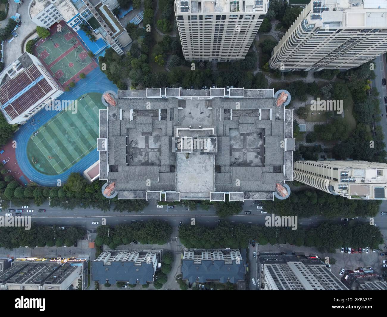 Aerial photos show two quadrangle courtyards with four Kylin statues on ...