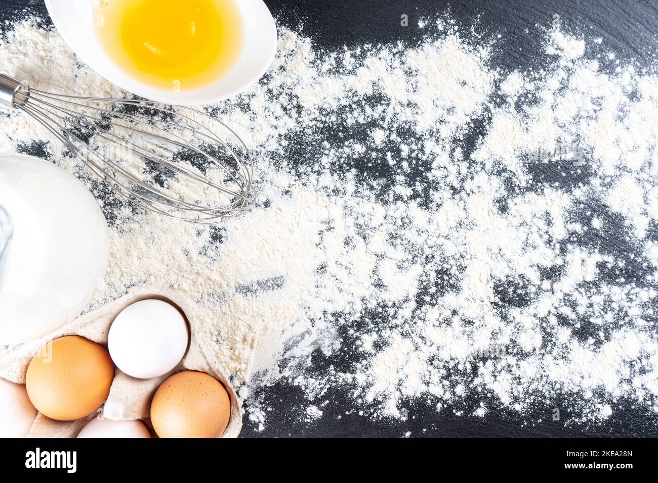 Baking cooking Ingredients background with copy space. Flour, eggs ...