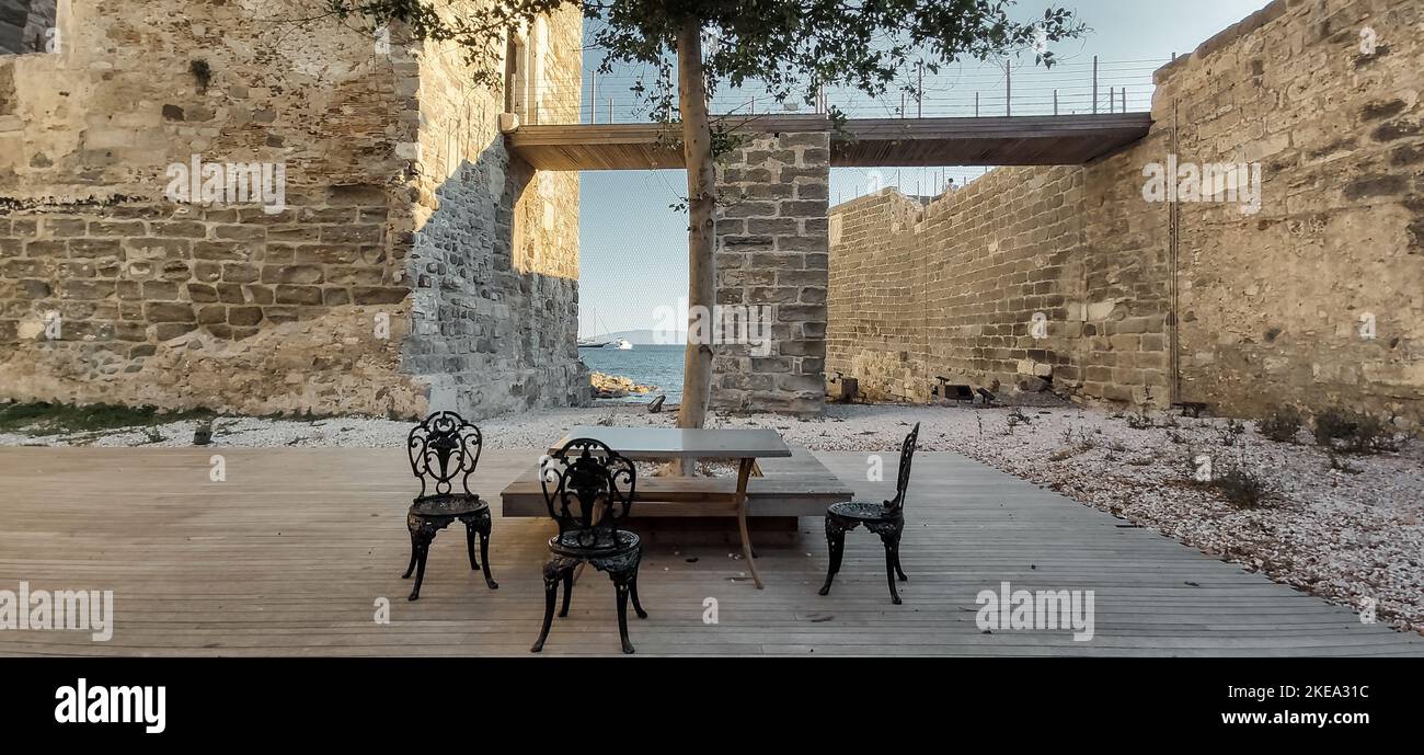 Outdoor seating on the Atlantic coast. The ancient square with outdoor ...