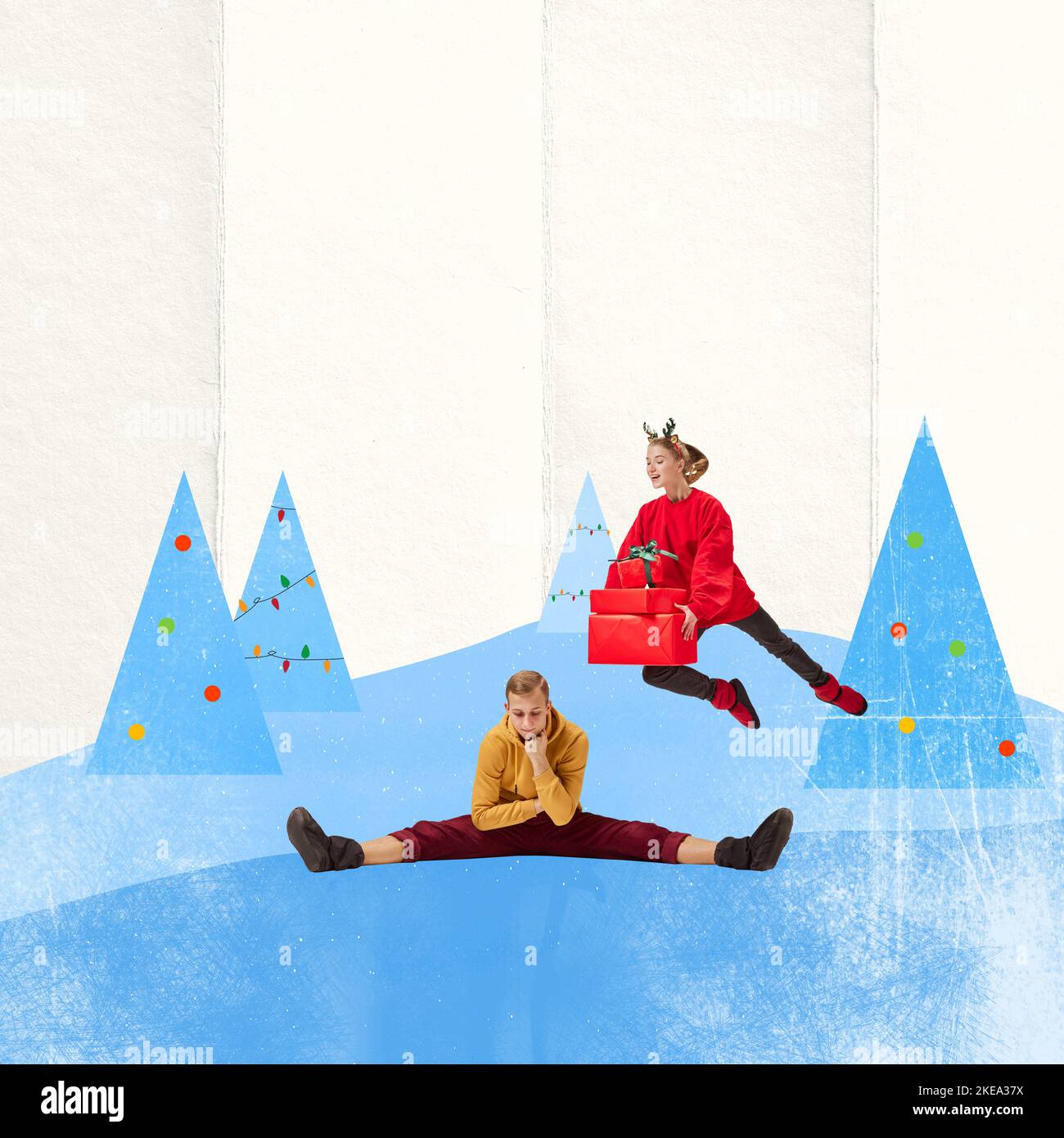 Contemporary art collage. Young man sitting in sadness. Girl in winter ...