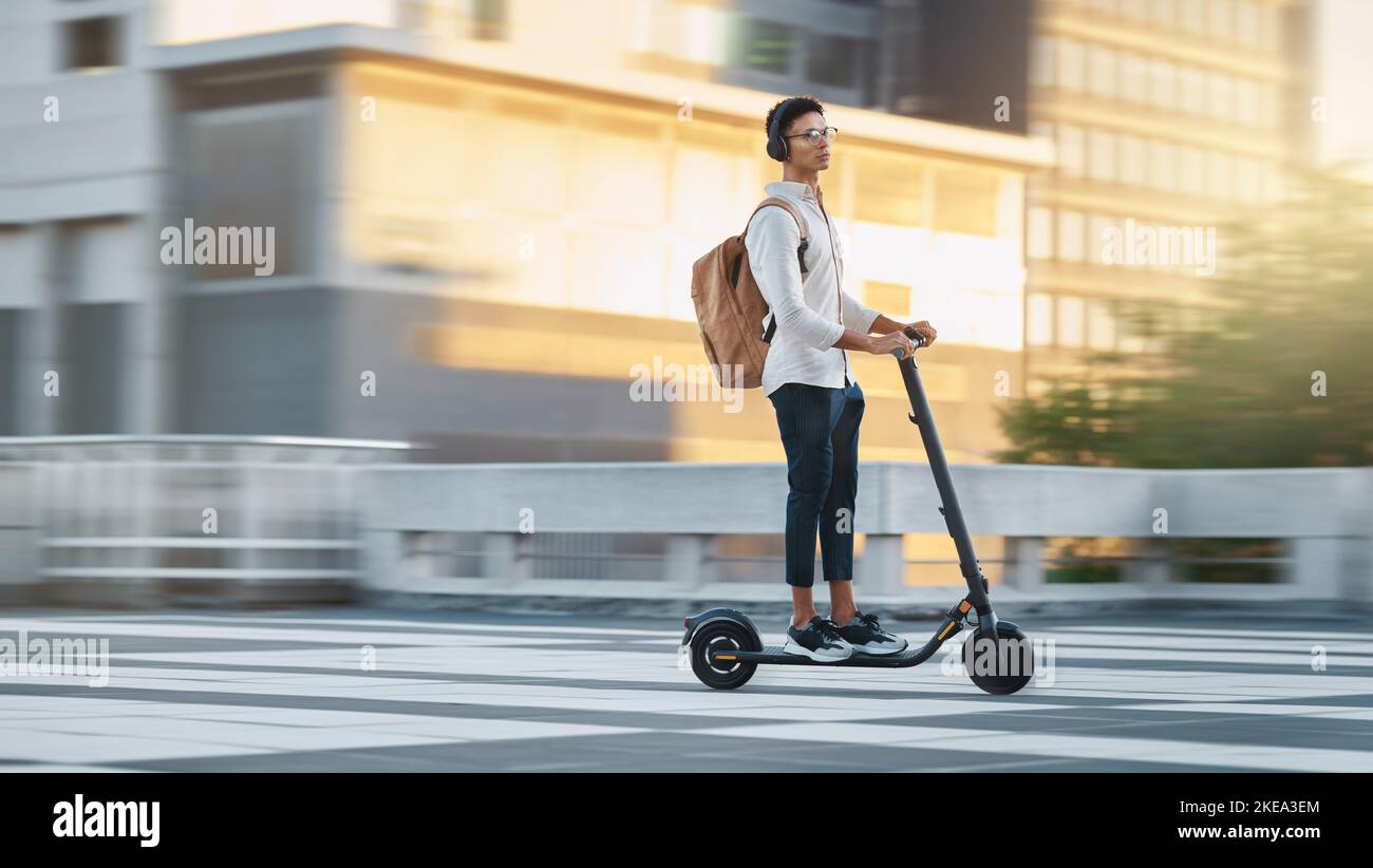 Electric scooter, travel fast or businessman with transport in city ...