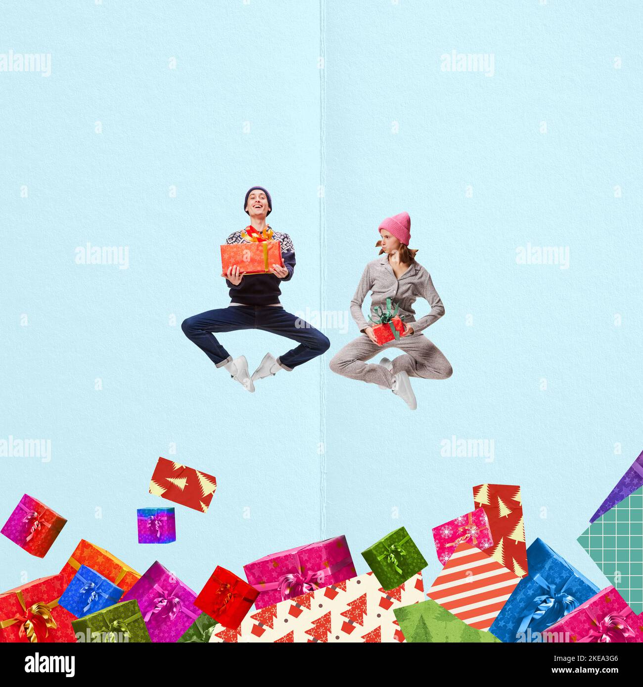 Contemporary art collage. Emotive young people jumping with present ...