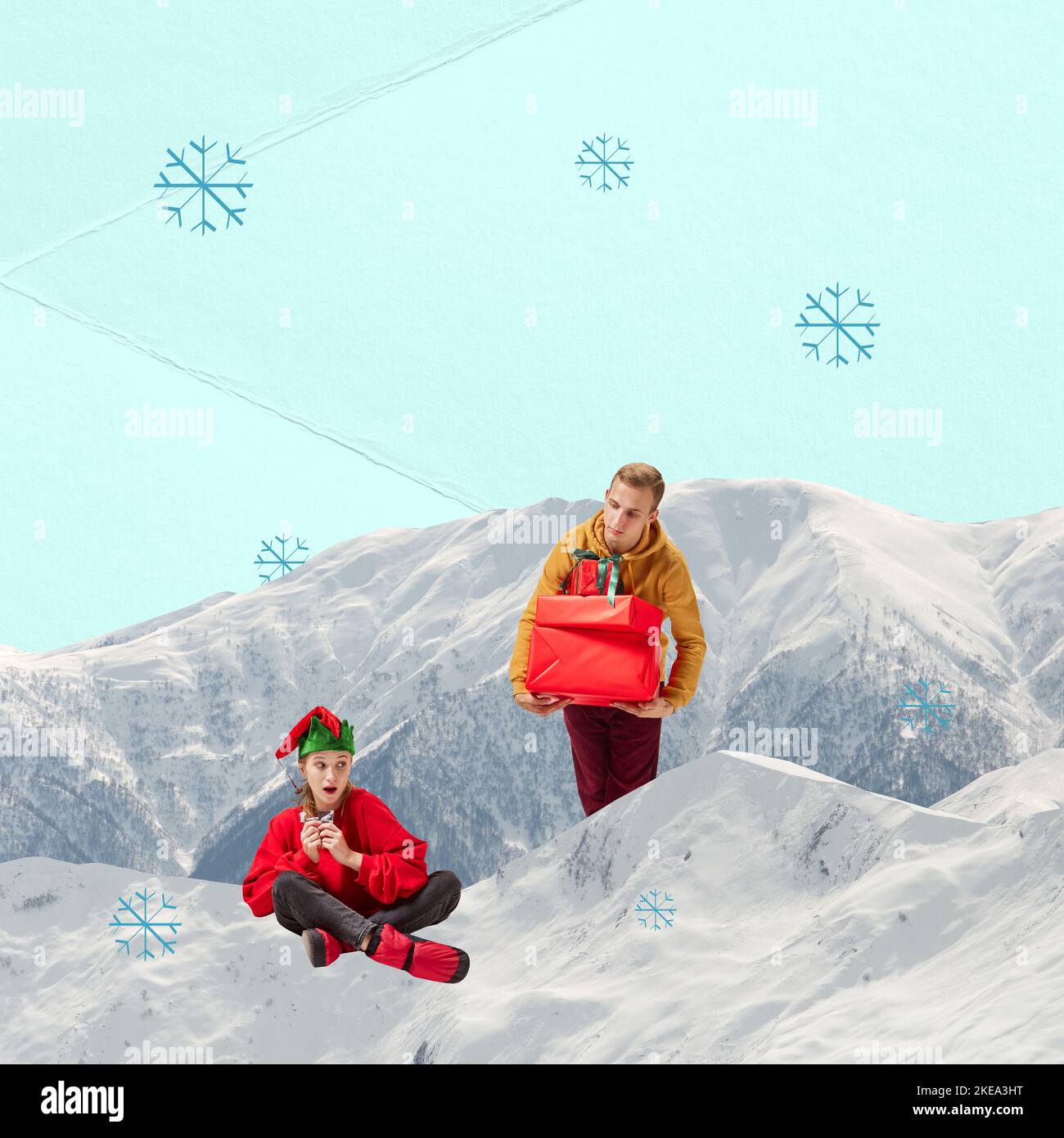 Contemporary art collage. Young man bringing present to girl in costume ...