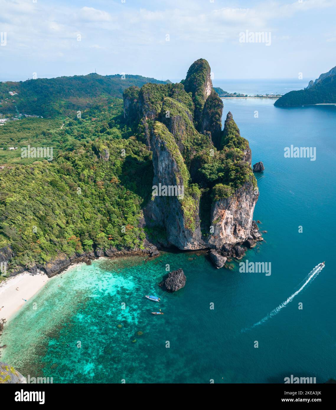 Aerial view of Nui beach in koh Phi Phi Don island, in Krabi, Thailand ...