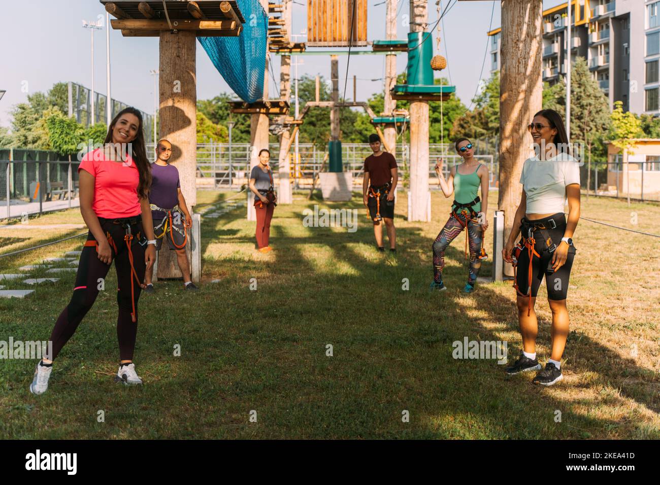 Group of amazing adventure people posing at the adventure park Stock ...