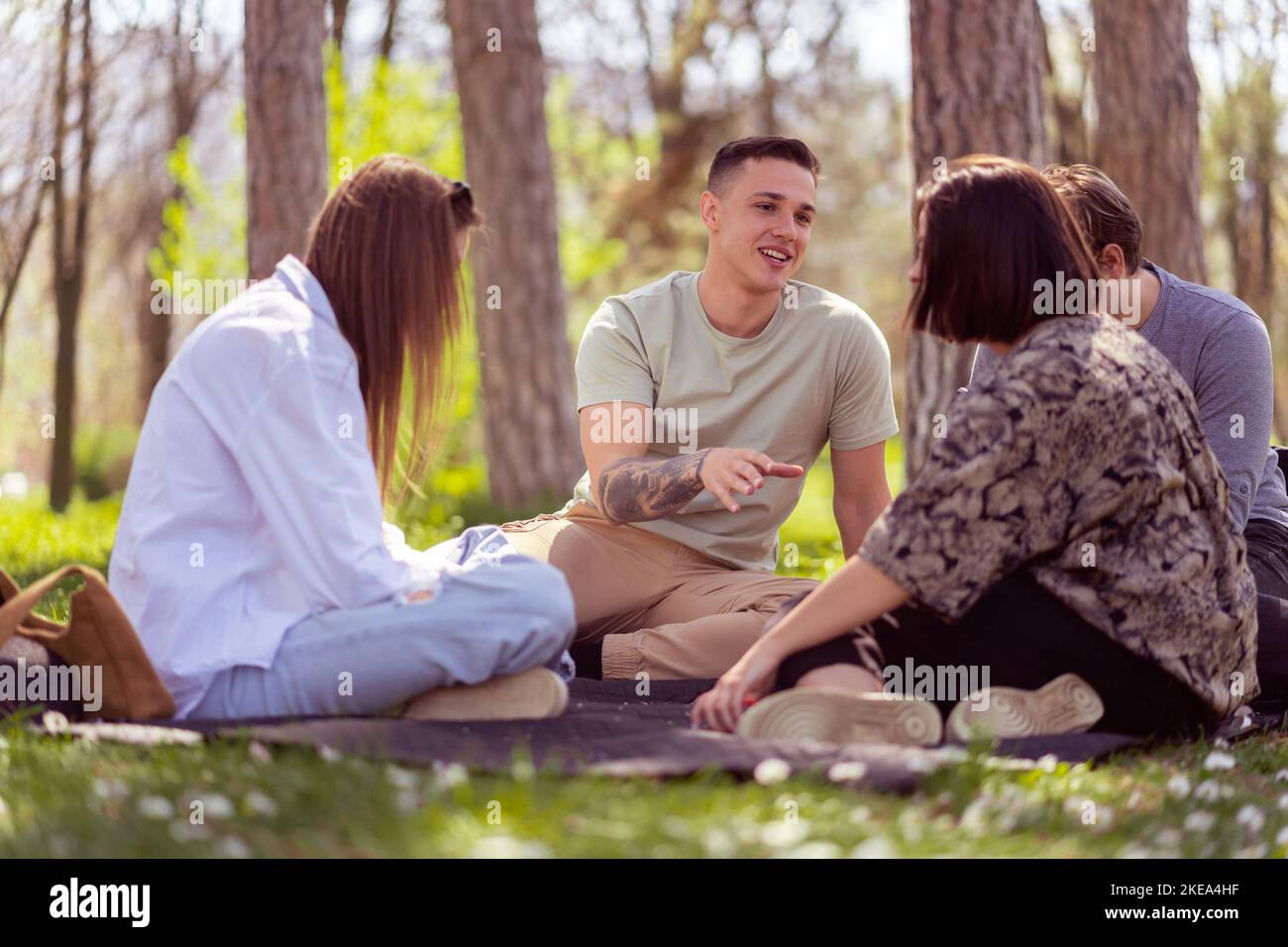 Happy group of young people enjoying in beautiful summer time while ...
