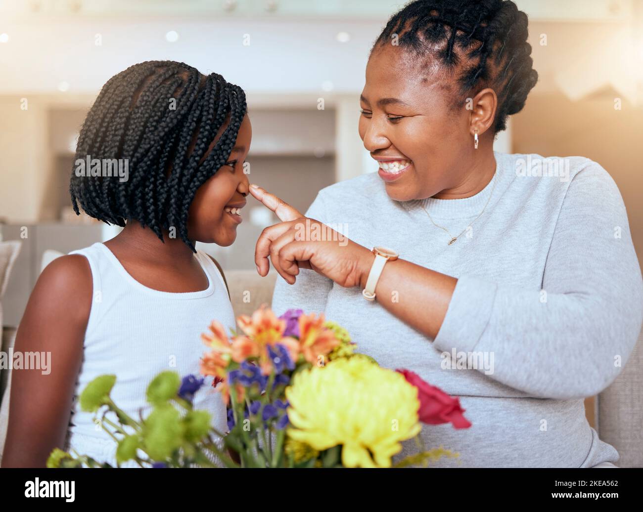 Love, mother and girl smile, happy and together for bonding, loving and ...