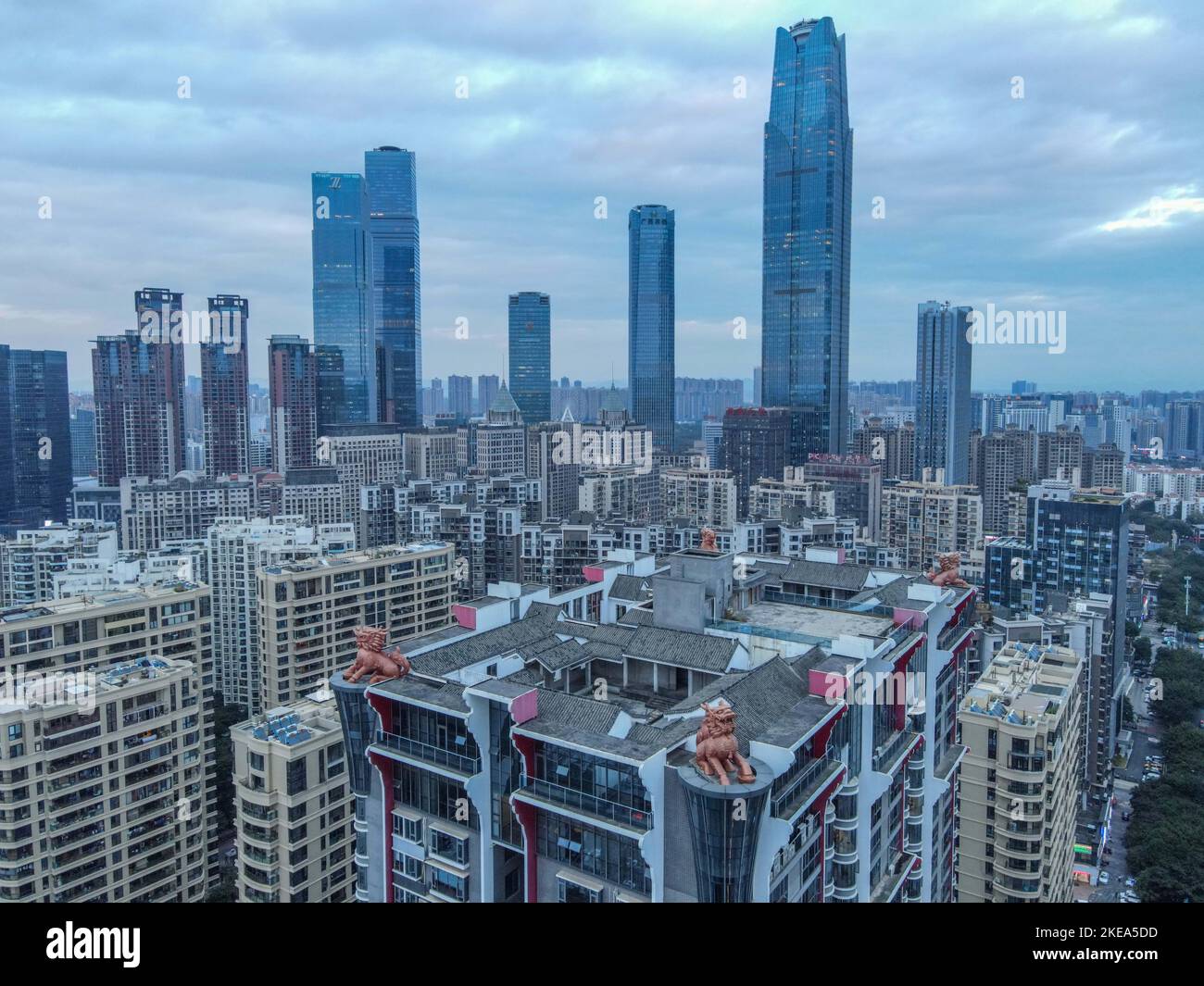 Aerial photos show two quadrangle courtyards with four Kylin statues on ...